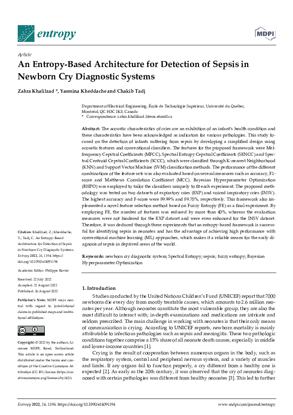 Pdf An Entropy Based Architecture For Detection Of Sepsis In Newborn Cry Diagnostic Systems