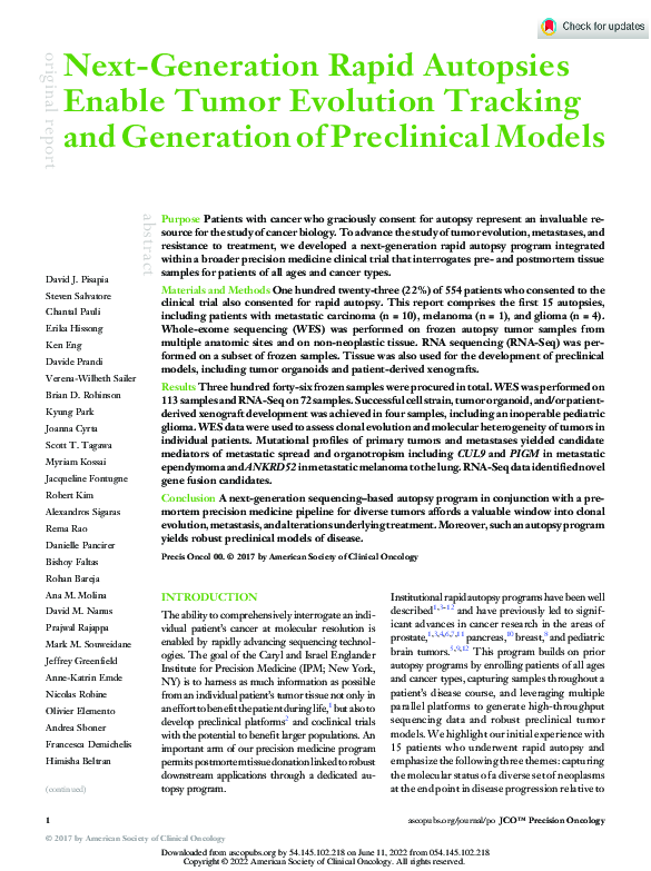 (PDF) Next-Generation Rapid Autopsies Enable Tumor Evolution Tracking ...