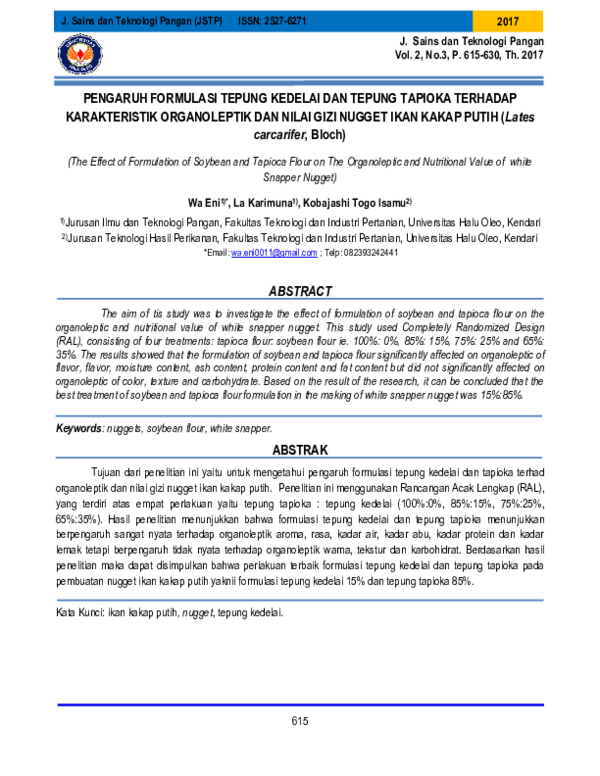 (PDF) PENGARUH FORMULASI TEPUNG KEDELAI DAN TEPUNG TAPIOKA TERHADAP KARAKTERISTIK ORGANOLEPTIK ...