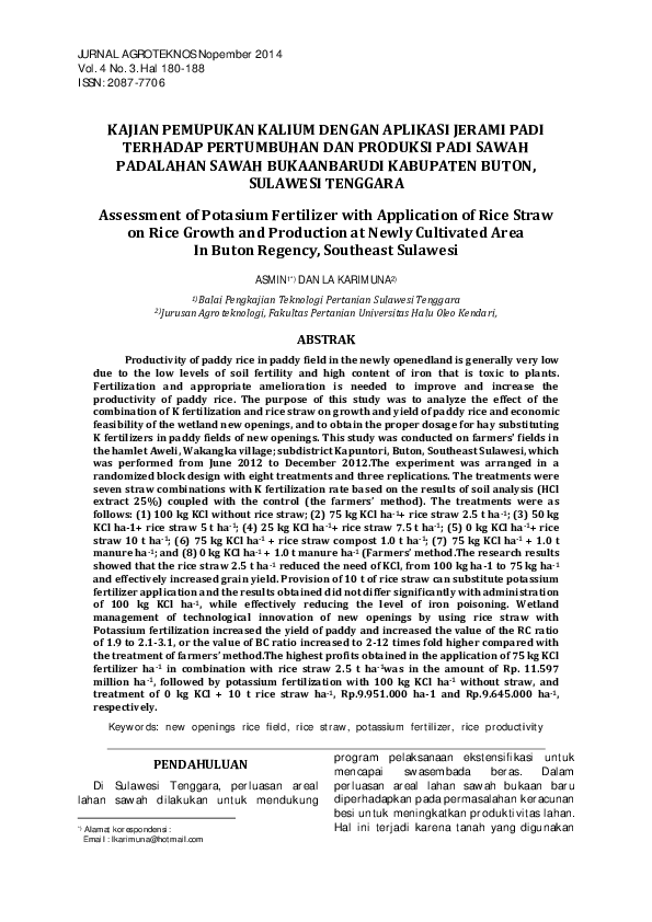 (PDF) Kajian Pemupukan Kalium Dengan Aplikasi Jerami Padi Terhadap Pertumbuhan Dan Produksi Padi ...