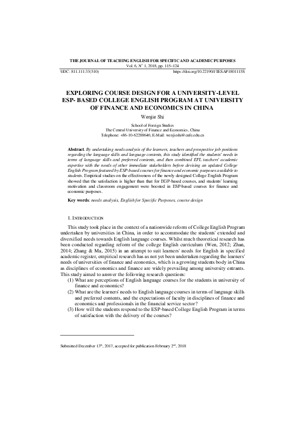 (PDF) Exploring Course Design for a University-Level Esp- Based College ...