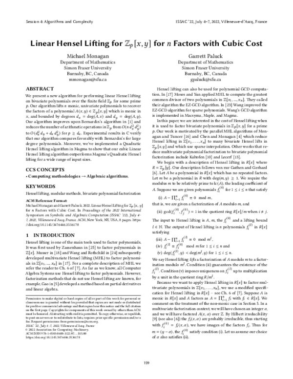 (PDF) Linear Hensel Lifting for Zp[x,y] for n Factors with Cubic Cost ...