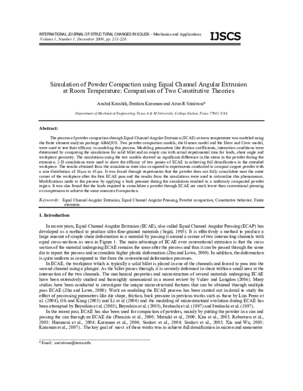 (PDF) Simulation of Powder Compaction using Equal Channel Angular Extrusion at Room Temperature ...