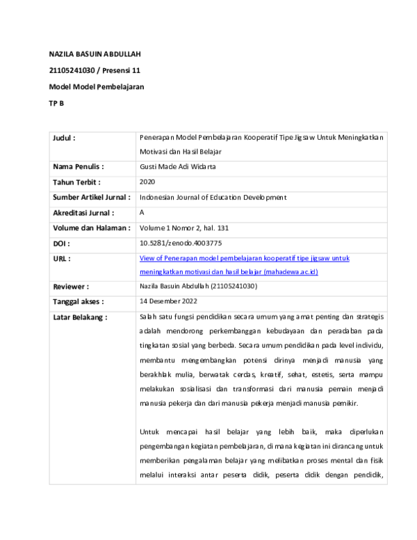 (PDF) Review Jurnal : Model Pembelajaran Kooperatif Tipe Jigsaw