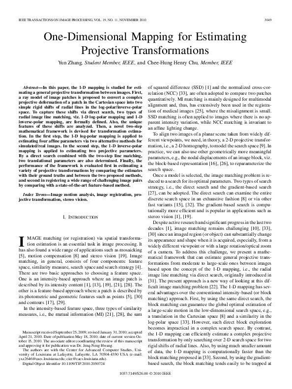 (PDF) One-Dimensional Mapping for Estimating Projective Transformations