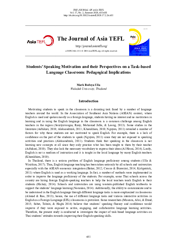 (PDF) Students’ Speaking Motivation and their Perspectives on a Task-based Language Classroom ...