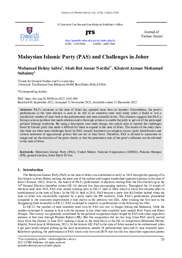 (PDF) Malaysian Islamic Party (PAS) and Challenges in Johor