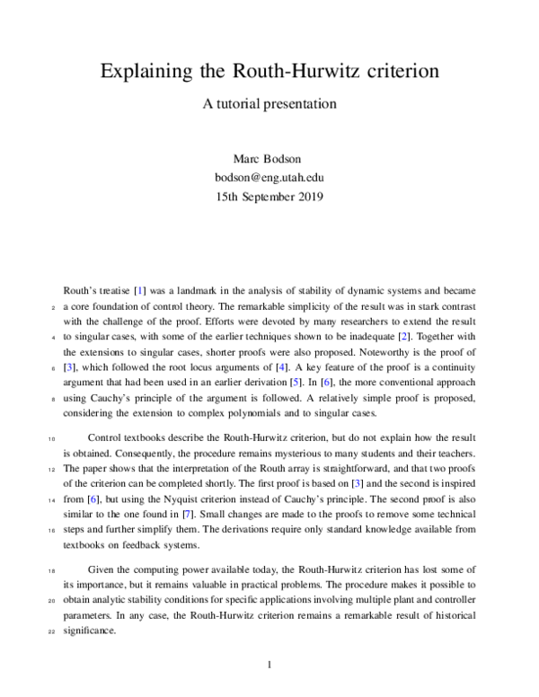 (PDF) Explaining the Routh-Hurwitz criterion