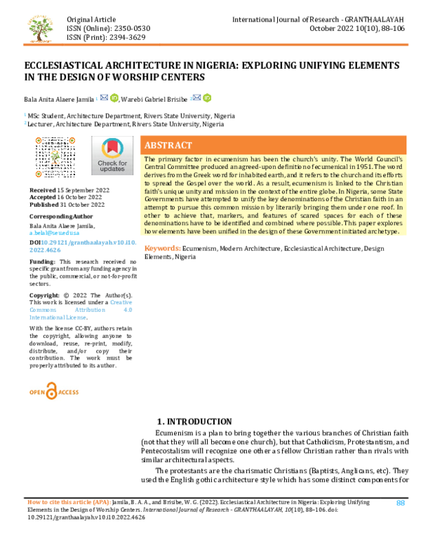 (PDF) Ecclesiastical Architecture in Nigeria: Exploring Unifying ...