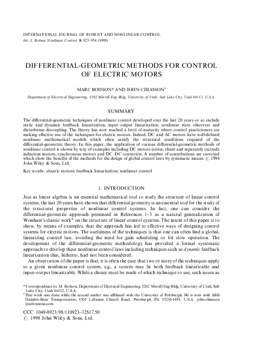 (PDF) Differential-geometric methods for control of electric motors