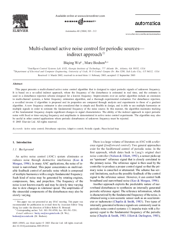 (PDF) Multi-channel active noise control for periodic sources—indirect approach | Marc Bodson ...