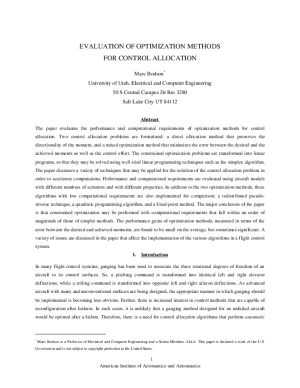 Pdf Evaluation Of Optimization Methods For Control Allocation