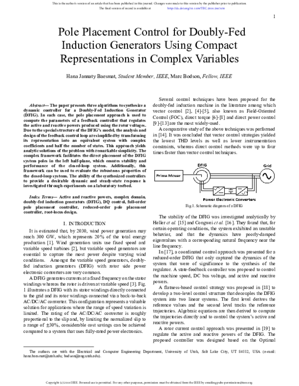(PDF) Pole Placement Control for Doubly-Fed Induction Generators Using Compact Representations ...