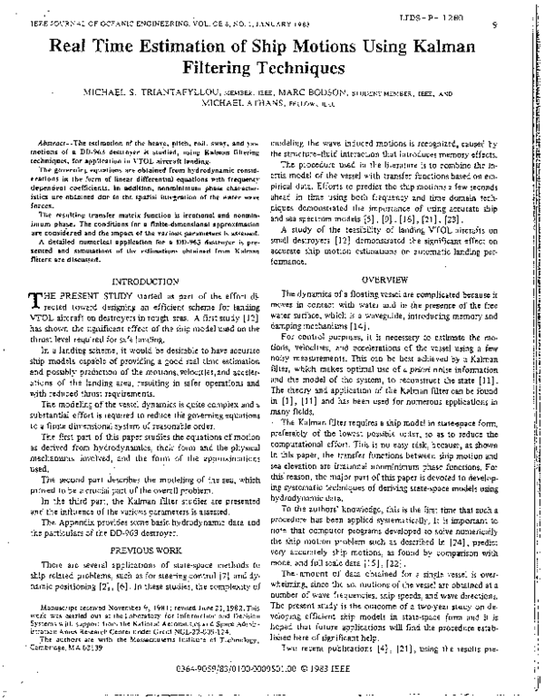 Pdf Real Time Estimation Of Ship Motions Using Kalman Filtering