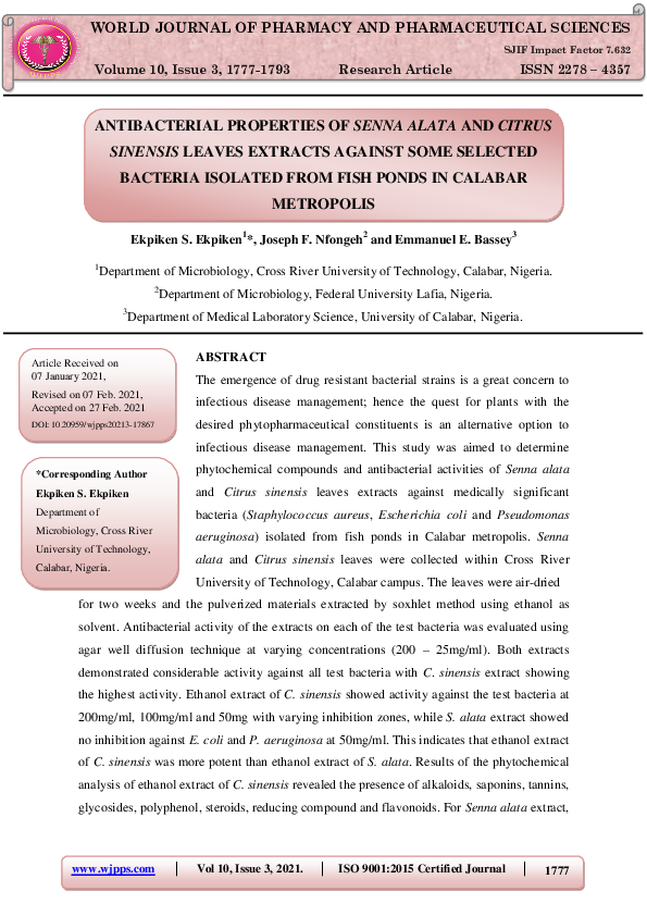 (PDF) ANTIBACTERIAL PROPERTIES OF SENNA ALATA AND CITRUS SINENSIS ...