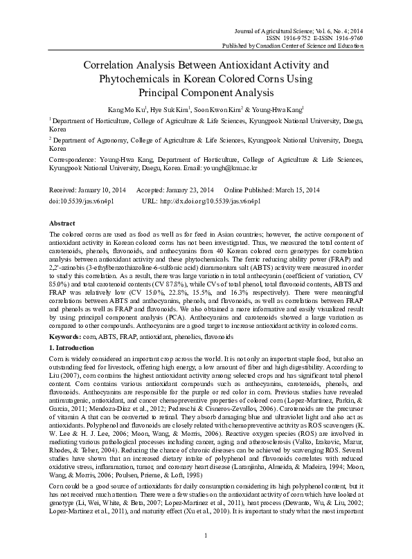 (PDF) Correlation Analysis Between Antioxidant Activity and Phytochemicals in Korean Colored ...