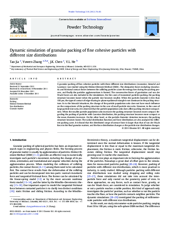 Pdf Dynamic Simulation Of Granular Packing Of Fine Cohesive Particles