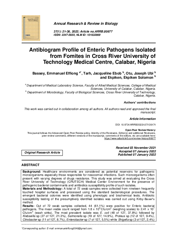 (PDF) Antibiogram Profile of Enteric Pathogens Isolated from Fomites in ...