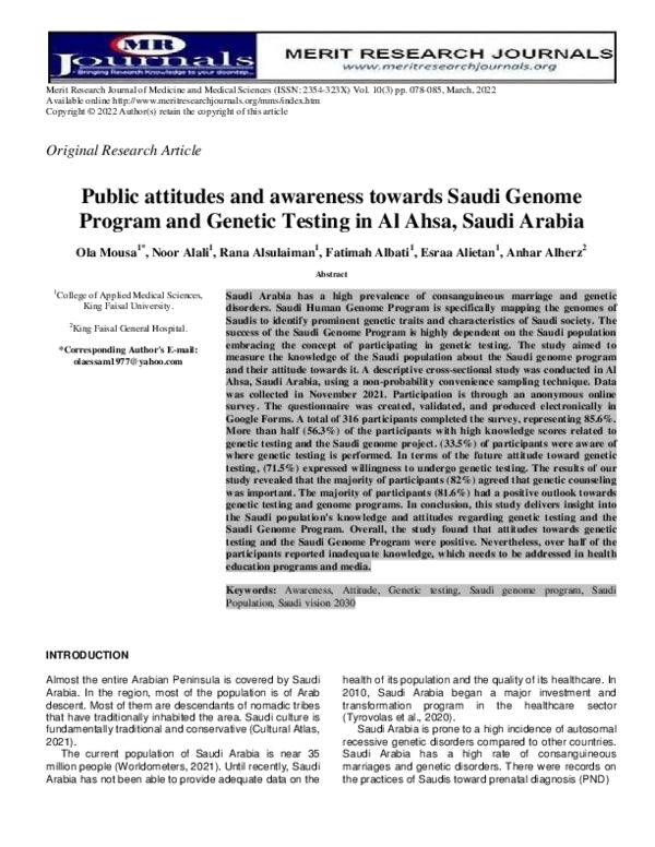(PDF) Public attitudes and awareness towards Saudi Genome Program and ...