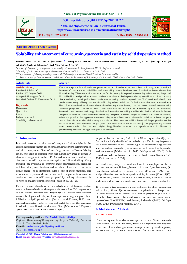 (PDF) Solubility enhancement of curcumin, quercetin and rutin by solid ...