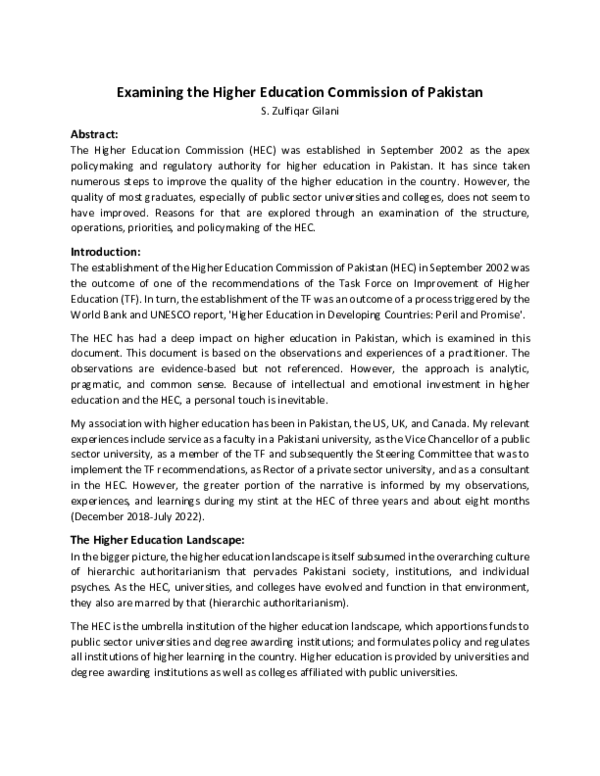 (PDF) Examining the Higher Education Commission of Pakistan