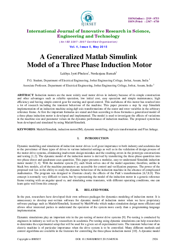 Pdf A Generalized Matlab Simulink Model Of A Three Phase Induction Motor