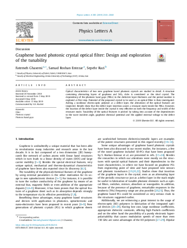 (PDF) Graphene based photonic crystal optical filter: Design and exploration of the tunability