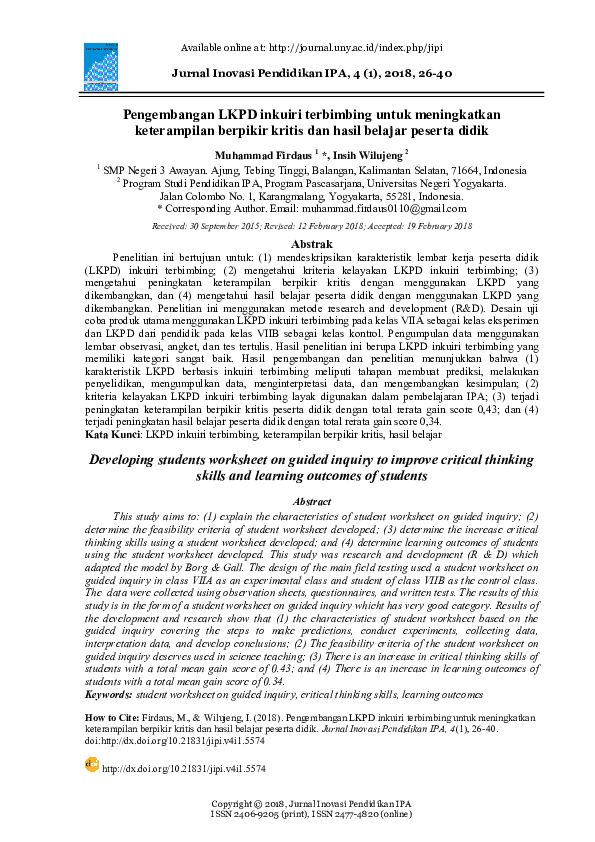 (PDF) Pengembangan LKPD inkuiri terbimbing untuk meningkatkan keterampilan berpikir kritis dan ...
