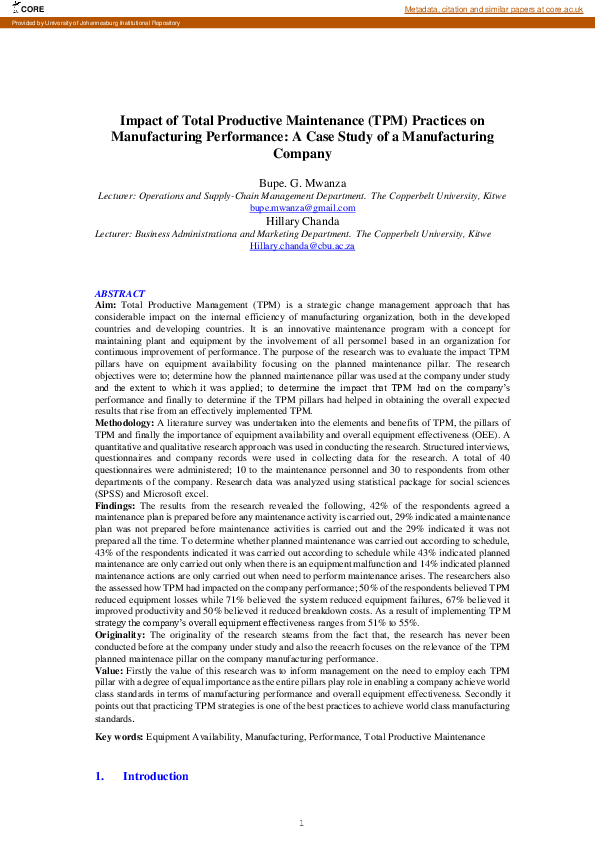 (PDF) Impact of total productive maintenance (TPM) practices on ...