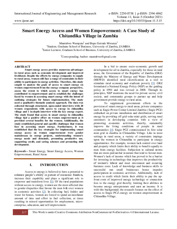 (PDF) Smart Energy Access and Women Empowerment: A Case Study of Chitandika Village in Zambia