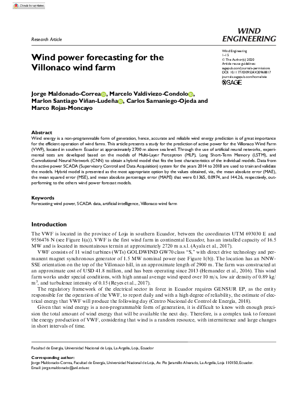 (PDF) Wind Power Forecasting for the Villonaco Wind Farm Using AI Techniques | Uriel García ...