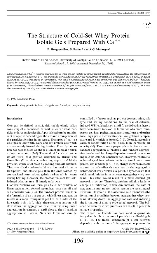 (PDF) The Structure of Cold-Set Whey Protein Isolate Gels Prepared With ...
