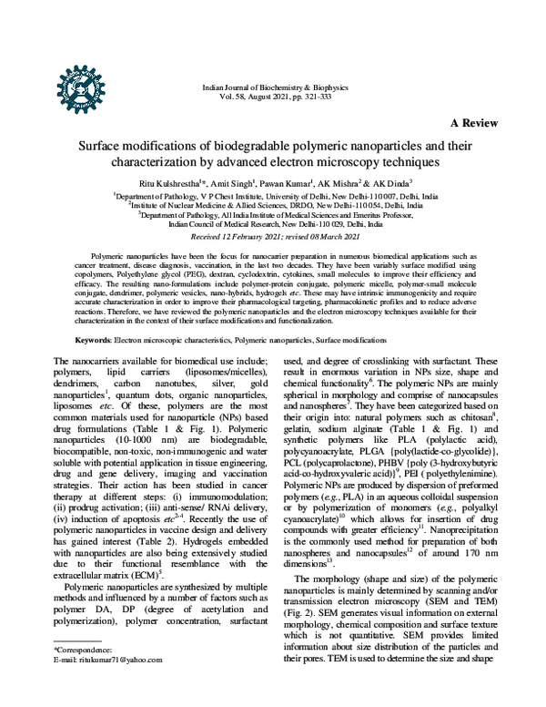 Pdf Surface Modifications Of Biodegradable Polymeric Nanoparticles And Their Characterization