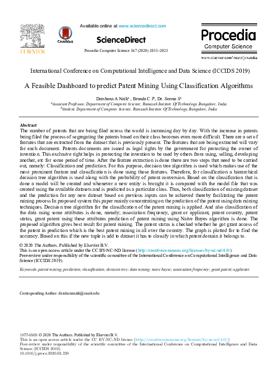 Pdf A Feasible Dashboard To Predict Patent Mining Using Classification Algorithms