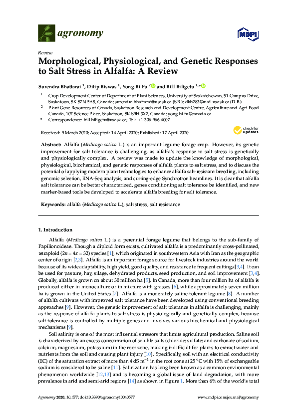 (PDF) Morphological, Physiological, and Genetic Responses to Salt Stress in Alfalfa: A Review