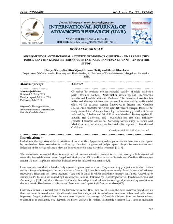 (PDF) Assessment of Antimicrobial Activity of Moringa Oleifera and Azadirachta Indica Leaves ...