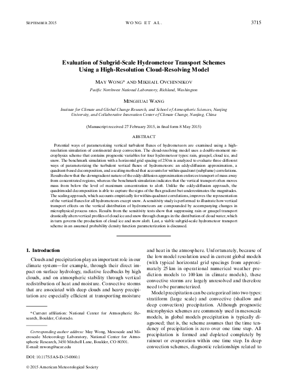 (PDF) Evaluation of Subgrid-Scale Hydrometeor Transport Schemes Using a High-Resolution Cloud ...