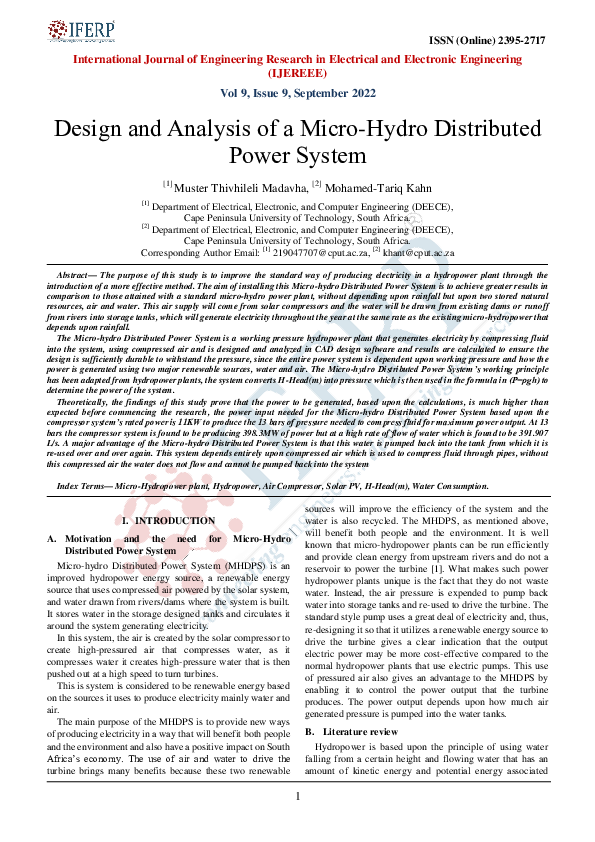 (PDF) Design and Analysis of a Micro-Hydro Distributed Power System