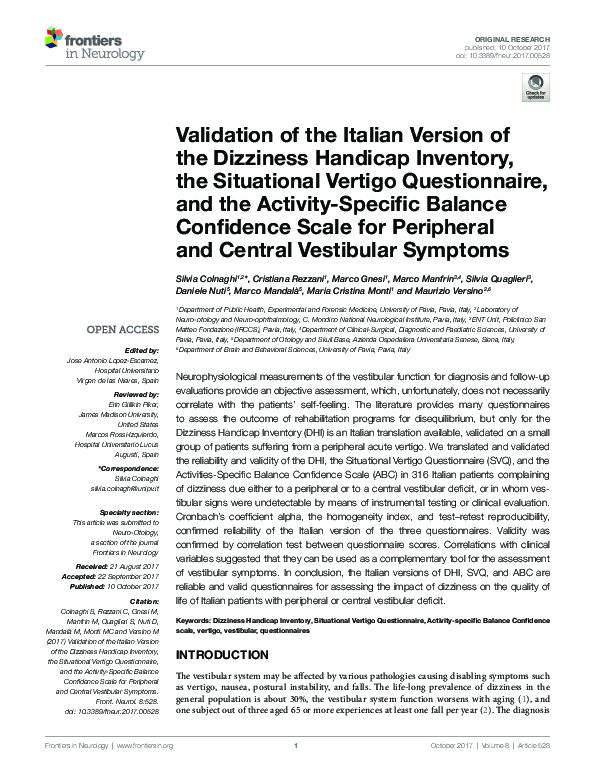 (PDF) Validation of the Italian Version of the Dizziness Handicap ...