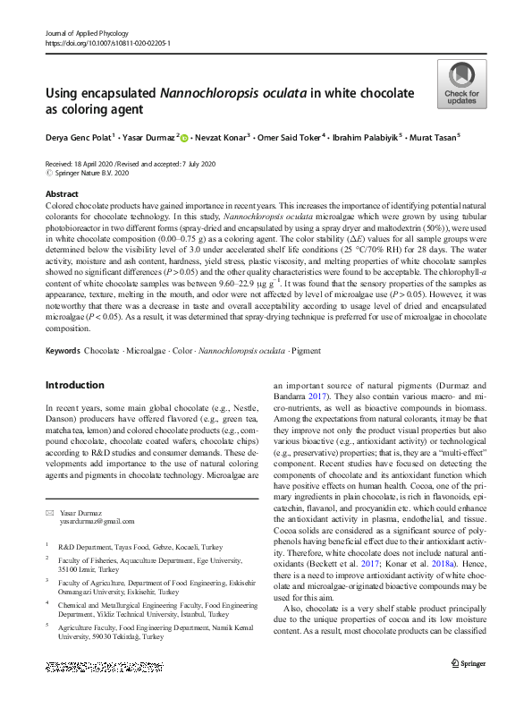 (PDF) Using encapsulated Nannochloropsis oculata in white chocolate as coloring agent