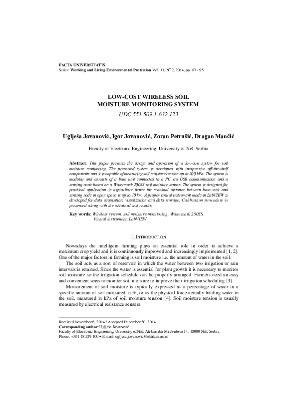 (PDF) Low-Cost Wireless Soil Moisture Monitoring System