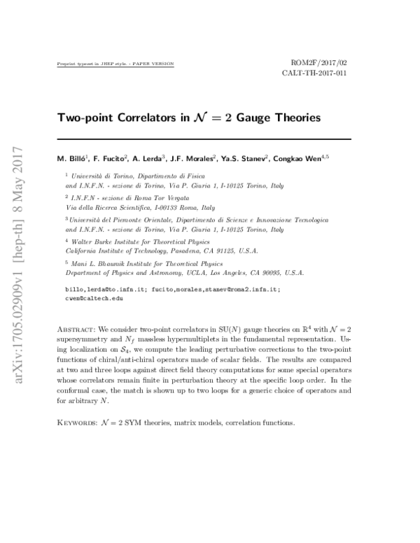Pdf Two Point Correlators In N 2 Gauge Theories