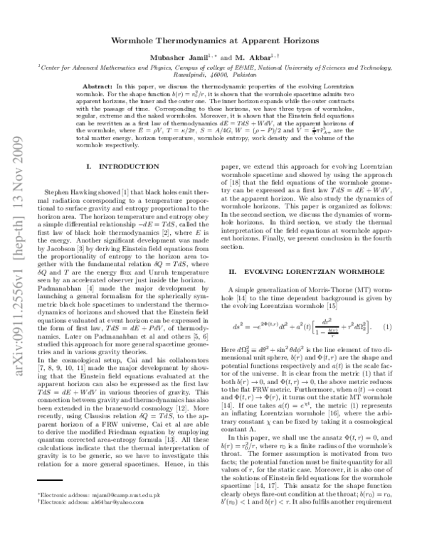 (PDF) Wormhole Thermodynamics at Apparent Horizons