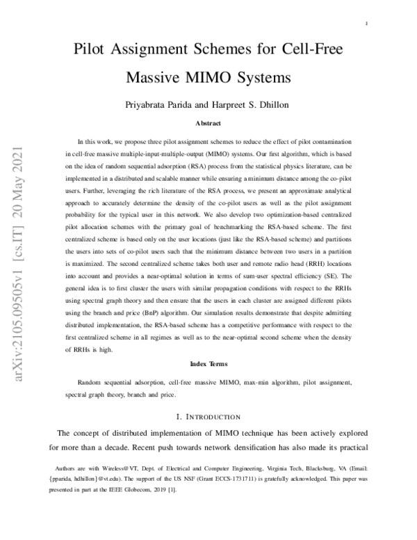 (PDF) Pilot Assignment Schemes for Cell-Free Massive MIMO Systems