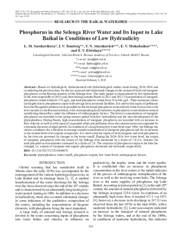 (PDF) Phosphorus in the Selenga River Water and Its Input to Lake Baikal in Conditions of Low ...
