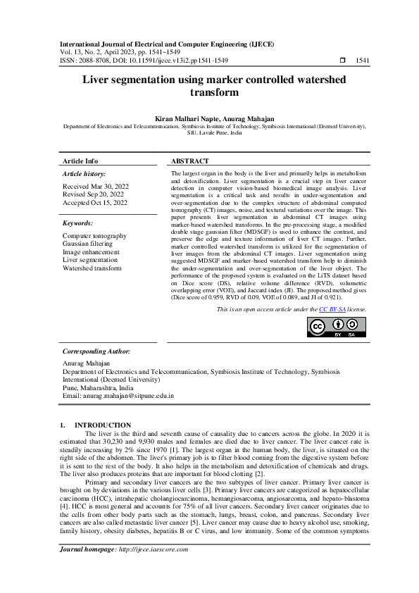 Pdf Liver Segmentation Using Marker Controlled Watershed Transform