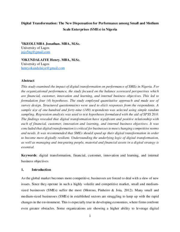 (PDF) Digital Transformation: The New Dispensation for Performance among Small and Medium Scale ...