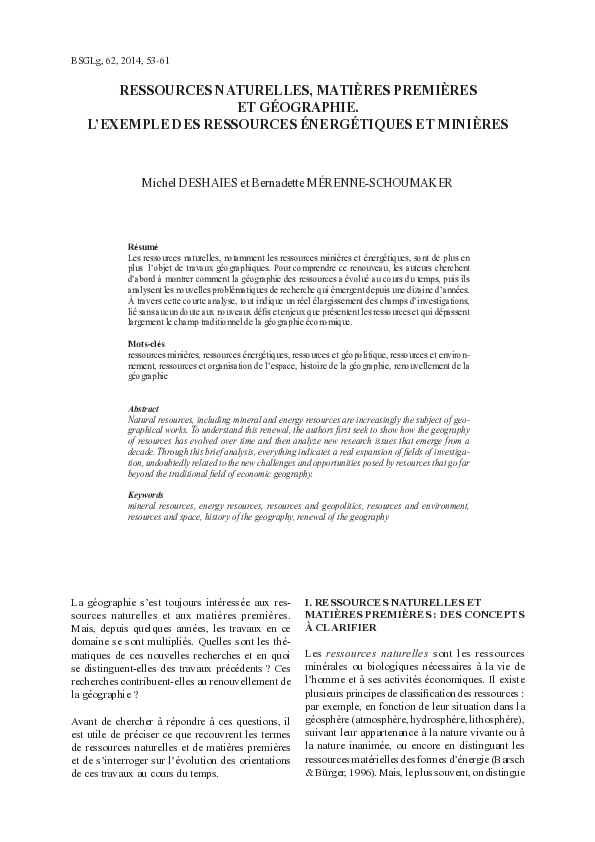 (PDF) Ressources naturelles, matières premières et géographie. L ...
