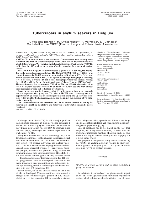 (PDF) Tuberculosis in asylum seekers in Belgium. VRGT (Flemish Lung and ...