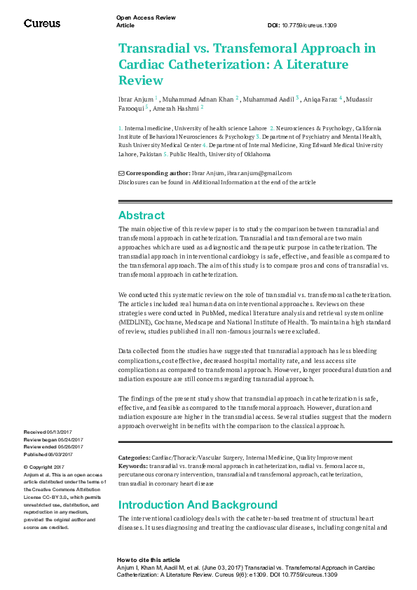 (PDF) Transradial vs. Transfemoral Approach in Cardiac Catheterization: A Literature Review